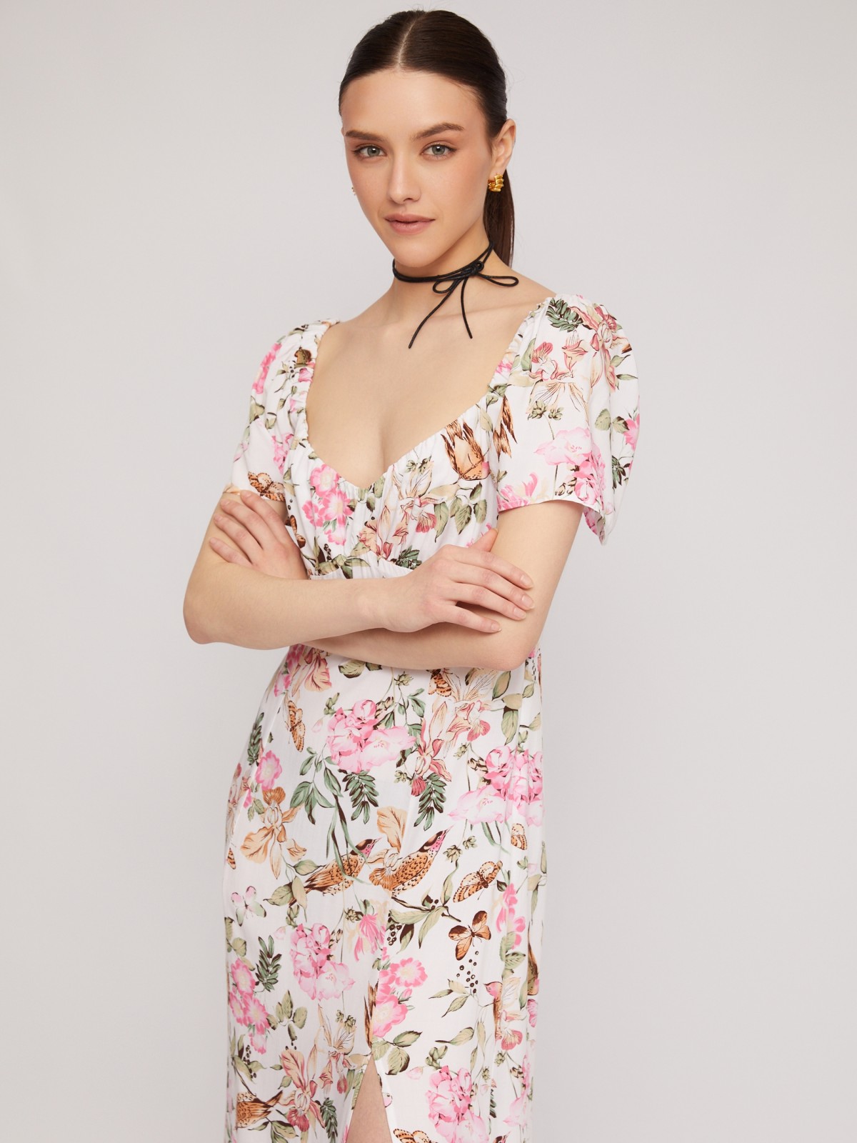 Платье миди из вискозы с коротким рукавом и разрезом 024248262313, цвет Молоко, артикул ...